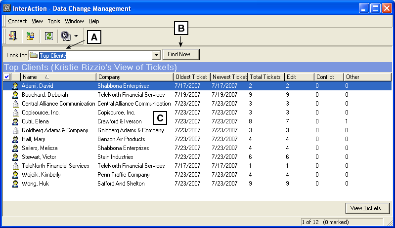 Searching for Data Change Management Tickets – InterAction Windows Client