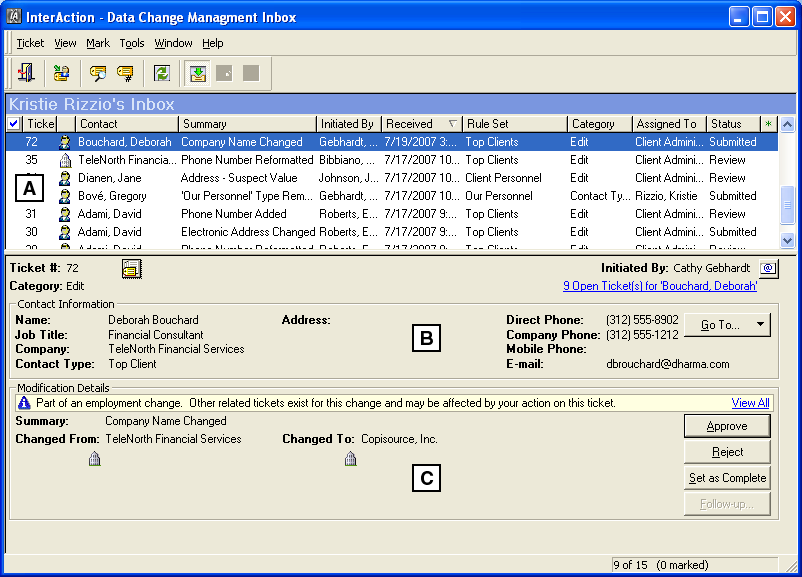 Accessing Data Change Management Tickets – InterAction Windows Client